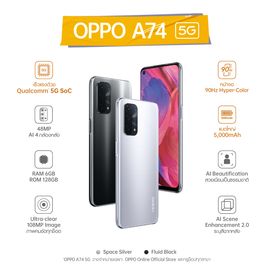 OPPO A74 5G วางจำหน่าย 8,999 บาท ที่ช่องทางออนไลน์ และทรูช็อปทุกสาขา