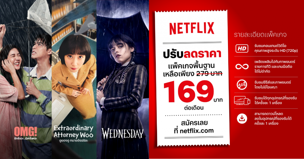 Netflix ปรับลดราคาแพ็คเกจ Basic Plan เหลือ 169 บาทต่อเดือน เริ่ม 21 กพ.นี้