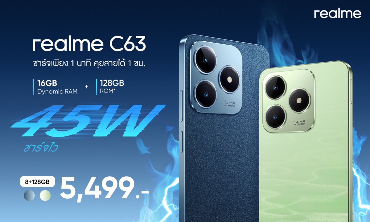 เปิดตัว realme C63 บัดเจ็ตสมาร์ตโฟนรุ่นคุ้มค่า หรูหราด้วยฝาหลังหนังวี ...